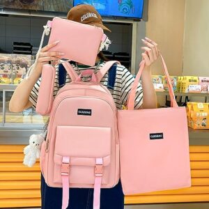 BULBASAUR Korean Backpack 5Pcs Set Daypack Backpack Large Capacity Backpack Simplicity Bookbag(Pink)