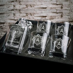 Personalized Whiskey Decanter Set with Glasses, 5 PC - 4 Optional Designs - Custom Whiskey Liquor Decanter 25 Oz with 4 Whiskey Glasses, Personalized Gifts for Men, D1