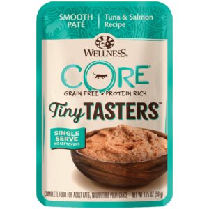 Wellness CORE Tiny Tasters Wet Cat Food, Complete & Balanced Natural Pet Food, Made with Real Meat, 1.75-Ounce Pouch, 12 Pack (Adult Cat, Tuna & Salmon Pate)