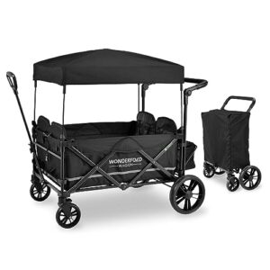 wonderfold x4 push & pull quad stroller wagon (4 seater) featuring seats with 5-point harnesses, adjustable push handle, and adjustable/removable uv-protection canopy, stealth black