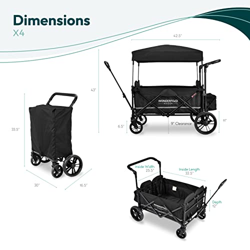 WONDERFOLD X4 Push & Pull Quad Stroller Wagon (4 Seater) Featuring Seats with 5-Point Harnesses, Adjustable Push Handle, and Adjustable/Removable UV-Protection Canopy, Stealth Black