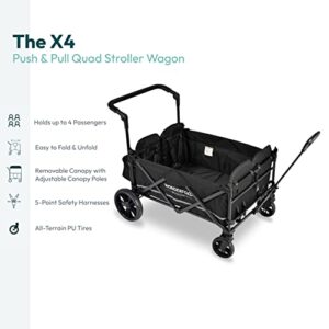 WONDERFOLD X4 Push & Pull Quad Stroller Wagon (4 Seater) Featuring Seats with 5-Point Harnesses, Adjustable Push Handle, and Adjustable/Removable UV-Protection Canopy, Stealth Black