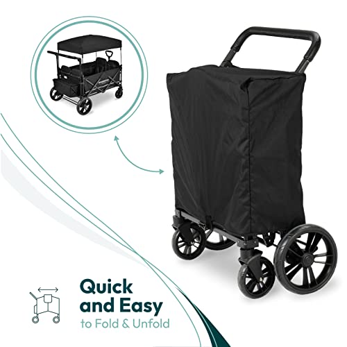 WONDERFOLD X4 Push & Pull Quad Stroller Wagon (4 Seater) Featuring Seats with 5-Point Harnesses, Adjustable Push Handle, and Adjustable/Removable UV-Protection Canopy, Stealth Black