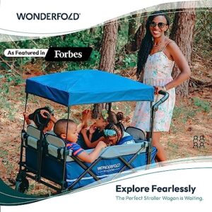 WONDERFOLD X4 Push & Pull Quad Stroller Wagon (4 Seater) Featuring Seats with 5-Point Harnesses, Adjustable Push Handle, and Adjustable/Removable UV-Protection Canopy, Stealth Black