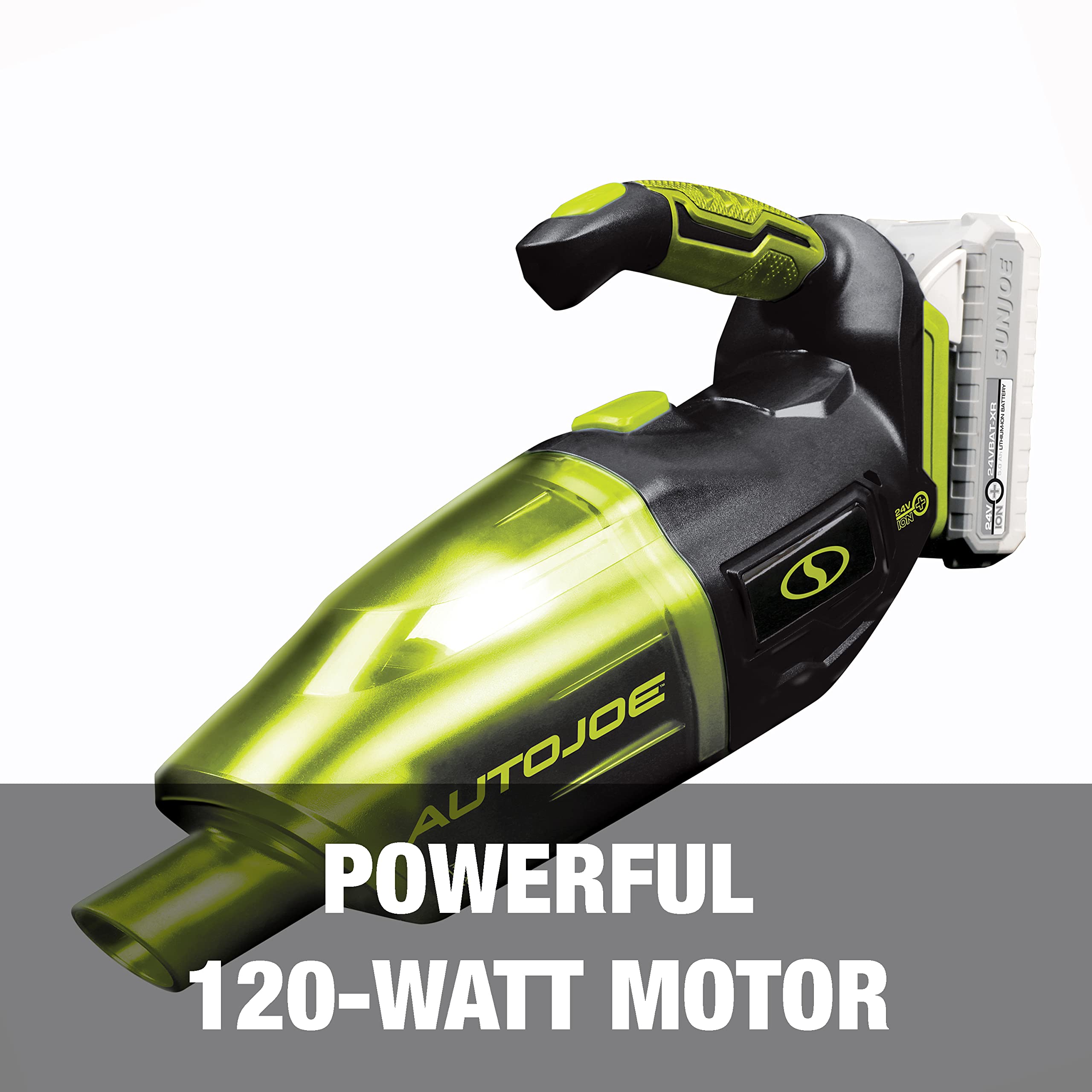 Auto Joe AJVAC-P1 24V Cordless Wet/Dry Handheld Vacuum w/5 Attachments, Bag, Kit (w/ 2-Ah Battery and Charger), Green