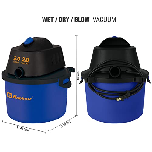 Koblenz WD-2L Portable Wet-Dry Vacuum, 2.0 Gallon/2.0HP Compact Lightweight, Blue+Black 5 Year Warranty