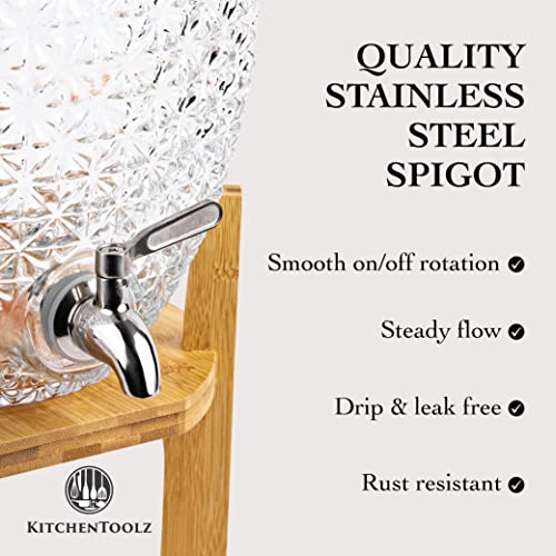 2.5 Gallon Glass Iced Beverage Dispenser with Stainless Steel Spigot Drink Dispenser on Wooden Stand - Chiseled Glass Style