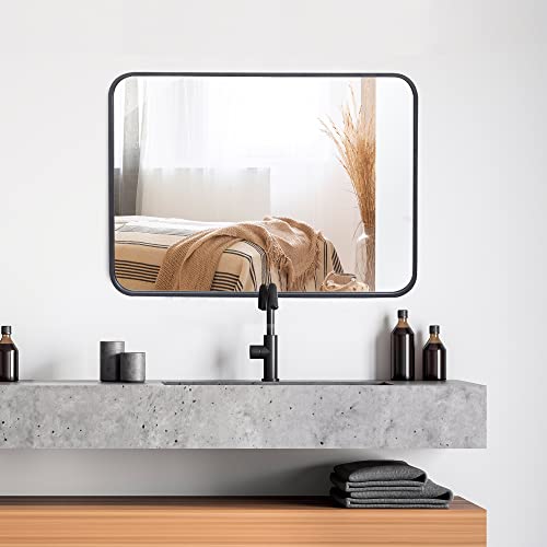 SUPER DEAL 22x30 Inch Black Wall Mirror for Bathroom, Wall Mounted Rectangular Entryways Decor Vanity Mirrors with Stainless Steel Metal Frame and Rounded Edge (1)