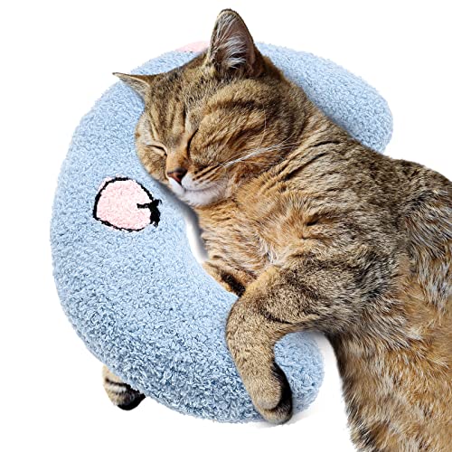 ucho Pillow for Cats, Ultra Soft Fluffy Pet Calming Toy Half Donut Cuddler, U-Shaped Pillow for Pet Cervical Protection Sleeping Improve- Blue