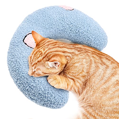 ucho Pillow for Cats, Ultra Soft Fluffy Pet Calming Toy Half Donut Cuddler, U-Shaped Pillow for Pet Cervical Protection Sleeping Improve- Blue