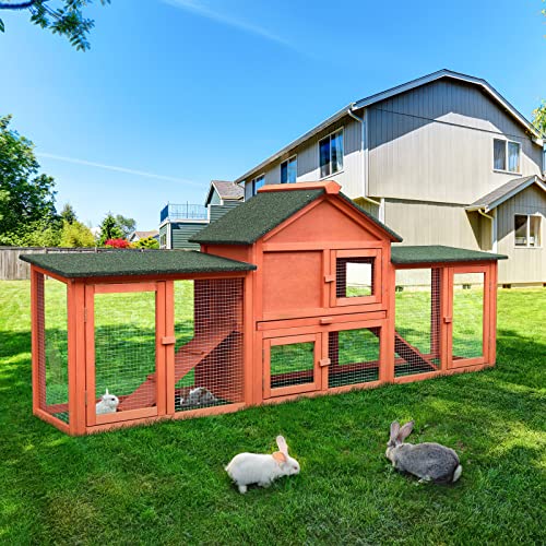 TLSUNNY 83" Rabbit Hutch Indoor Bunny Cage Outdoor for 2 Rabbits, Extra-Large Rabbit Cage with Double Run, Wooden Bunny Hutch Poultry Pen Enclosure with 2 Ramps Removable Tray Asphalt Roof