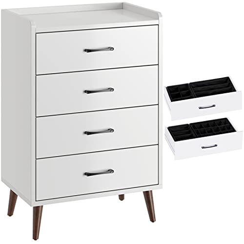 Rolanstar Drawer Dresser- Quick Install, 4 Drawers Storage Dresser with Foldable Drawer Dividers, Modern Chest of Drawer, White (Tool Free Except Drawer Handle and Foot)