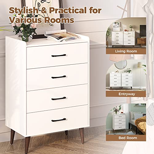 Rolanstar Drawer Dresser- Quick Install, 4 Drawers Storage Dresser with Foldable Drawer Dividers, Modern Chest of Drawer, White (Tool Free Except Drawer Handle and Foot)