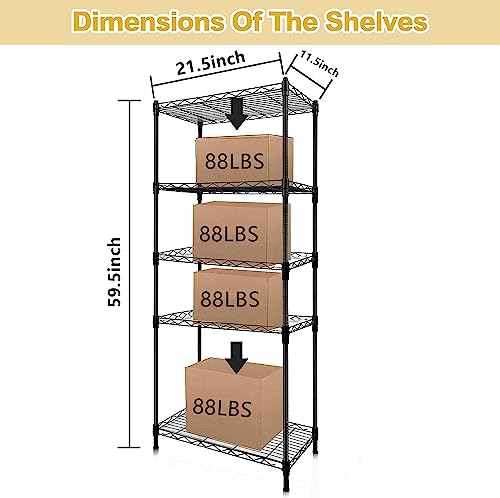 5-Tier Wire Shelving Unit and Storage, Shelves for Storage Height Adjustable Metal Wire Rack Shelving for Garage Kitchen Pantry Closet Laundry Bathroom Load 440LBS (21.5W x 11.5D x 59.5H inch)