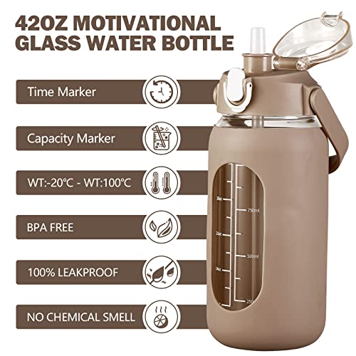 kytffu 64oz Glass Water Bottles with Straw, Half Gallon Motivational Glass Bottle with Silicone Sleeve and Time Marker, 2L Leakproof Large Glass Water Jug for Gym Home Office,Amber