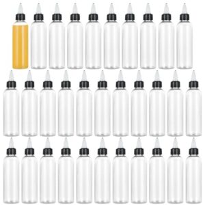 32pcs clear dispensing bottles, 4oz plastic squeeze bottles with twist top caps for oils inks liquids, household round squeeze bottles for crafts kitchen food making