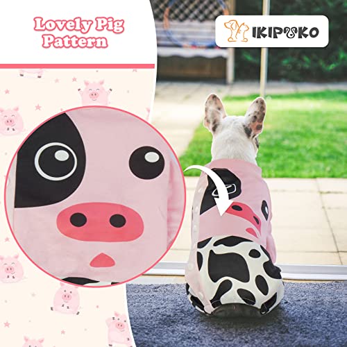 IKIPUKO Dog Pajamas with Button, Cartoon Pattern Pet PJS Pet Hair Shedding Onesie for Cats Small Medium Dogs, 4 Legged Shirt Pet Jumpsuit Outfit for Spring Autumn(Pig-XXS)