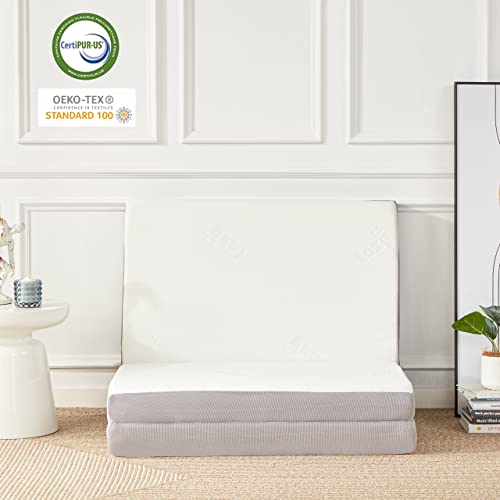 Lazyzizi Folding Mattress, 4 Inch Memory Foam Tri-fold Mattress with Breathable & Washable Bamboo Fiber Fabric Cover, Foldable Floor Mattress Guest Bed for Camping, Road Trip, Twin