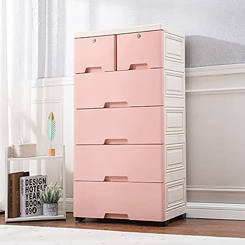 6 Drawer Plastic Dresser Storage Tower Closet Organizer Unit with Keys Clothes Organizer Cabinet for Home Office Bedroom, 5 Layer Drawer Storage Cabinet on Wheels (Pink, 19.7"W x 13.8"D x 40"H)