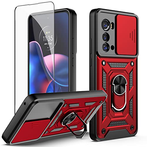 Dretal for Motorola Moto Edge 2022 Case, Moto Edge 5G UW 2022 Case with Stand Kickstand Ring and Camera Cover with Tempered Glass Screen Protector, Military Grade Shockproof Protective Cover (TC-Red)