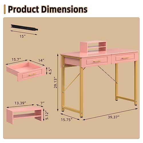 WESTREE Modern Makeup Vanity Desk with Glossy Desktop,Bedroom Home Office Writing Desk with Drawers, Storage Shelf, Gold Metal Frame for Dressing Table Without Mirror