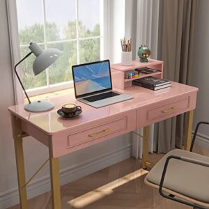 WESTREE Modern Makeup Vanity Desk with Glossy Desktop,Bedroom Home Office Writing Desk with Drawers, Storage Shelf, Gold Metal Frame for Dressing Table Without Mirror