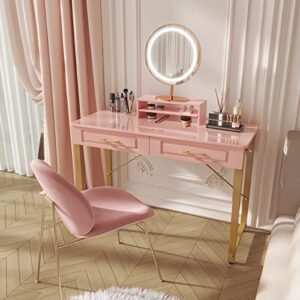 WESTREE Modern Makeup Vanity Desk with Glossy Desktop,Bedroom Home Office Writing Desk with Drawers, Storage Shelf, Gold Metal Frame for Dressing Table Without Mirror