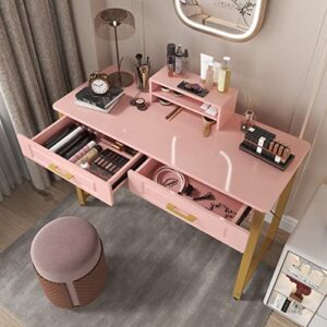 WESTREE Modern Makeup Vanity Desk with Glossy Desktop,Bedroom Home Office Writing Desk with Drawers, Storage Shelf, Gold Metal Frame for Dressing Table Without Mirror