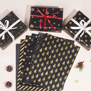 Blisstime 106 Sheets Tissue Paper Gift Wrap Bulk, 19.5" x 13.6" Christmas Tissue Paper for Wrapping, 6 Assorted Designs Golden Stars Snow Dots for Christmas Gift Bags, DIY and Craft (BlackGold)