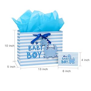 Loveinside Baby Boy Gift Bag Blue Dinosaur Design with Tissue Paper and Greeting Card for Baby Shower, New Parents, and More - 13" x 10" x 5", 1 Pcs