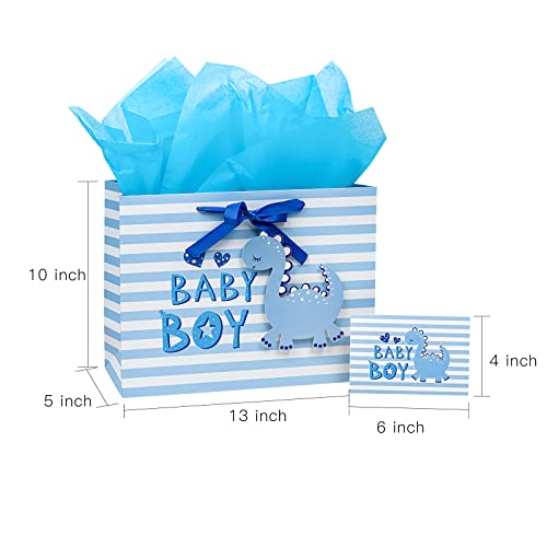 Loveinside Baby Boy Gift Bag Blue Dinosaur Design with Tissue Paper and Greeting Card for Baby Shower, New Parents, and More - 13" x 10" x 5", 1 Pcs