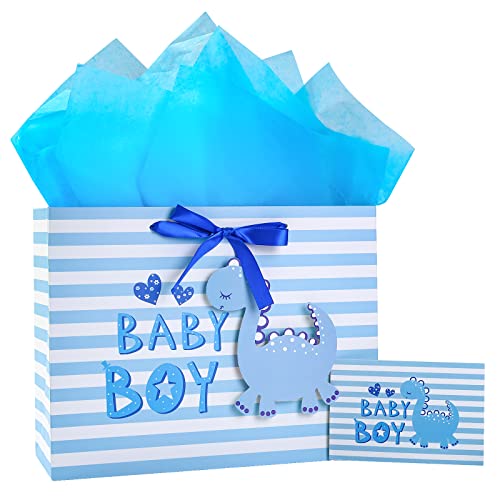 Loveinside Baby Boy Gift Bag Blue Dinosaur Design with Tissue Paper and Greeting Card for Baby Shower, New Parents, and More - 13" x 10" x 5", 1 Pcs