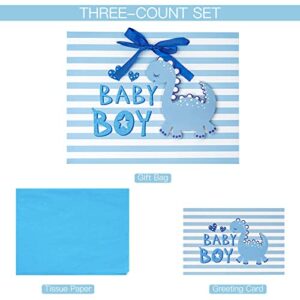 Loveinside Baby Boy Gift Bag Blue Dinosaur Design with Tissue Paper and Greeting Card for Baby Shower, New Parents, and More - 13" x 10" x 5", 1 Pcs