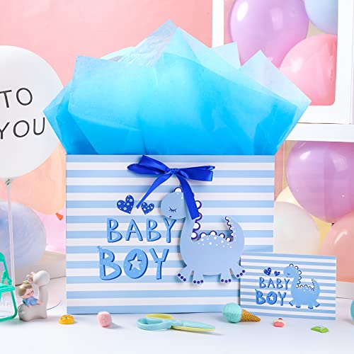 Loveinside Baby Boy Gift Bag Blue Dinosaur Design with Tissue Paper and Greeting Card for Baby Shower, New Parents, and More - 13" x 10" x 5", 1 Pcs