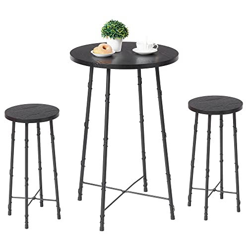 VECELO 3 Piece Round Pub Dining Set, High Top Bar Table and Stools for 2, Bistro Dinette with/Chairs for Small Space, Easy Assembly, Black