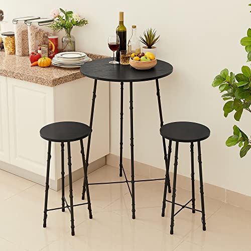 VECELO 3 Piece Round Pub Dining Set, High Top Bar Table and Stools for 2, Bistro Dinette with/Chairs for Small Space, Easy Assembly, Black