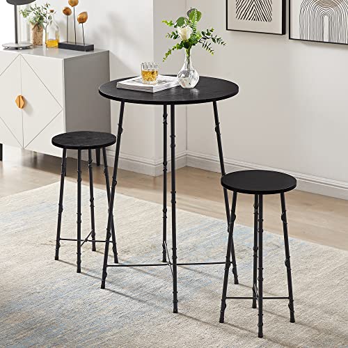 VECELO 3 Piece Round Pub Dining Set, High Top Bar Table and Stools for 2, Bistro Dinette with/Chairs for Small Space, Easy Assembly, Black