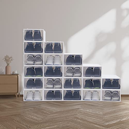 20/24 PCS Shoe Storage Boxes - Stackable Shoe Organizer, Foldable Shoe Display Box with Front Opening Lids Clear Platic Shoe Container Boxes for Closet Bedroom Bathroom 13"x 9"x 5.5" White (20pcs)