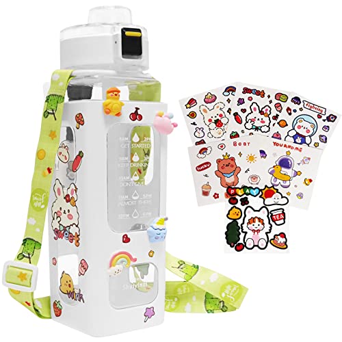 FANOVO Kawaii Water Bottle for Girls, Kawaii Water Bottle with Time Marker, Cute Kids Water Bottles with Straw, Square Drinking Portable Leakproof Aesthetic Water Jug for School (White-30 OZ/ 900ml)