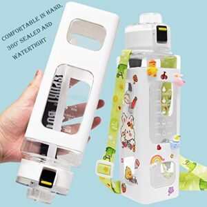 FANOVO Kawaii Water Bottle for Girls, Kawaii Water Bottle with Time Marker, Cute Kids Water Bottles with Straw, Square Drinking Portable Leakproof Aesthetic Water Jug for School (White-30 OZ/ 900ml)