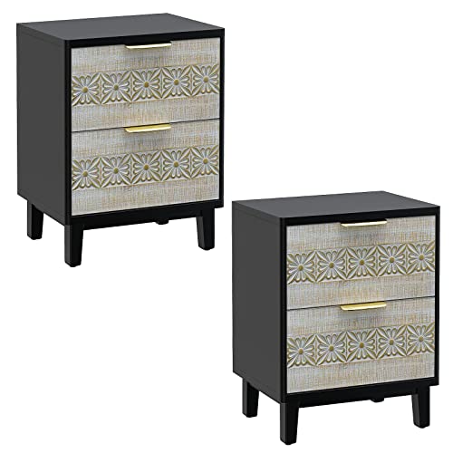 Aoikax Farmhouse 2-Drawer nightstand,Set of 2 French Countrynightstands, Fully Assemble, Hand-Carved Flower Pattern Front Accent nightstands for Bedroom/Living Room. Natural and Black.