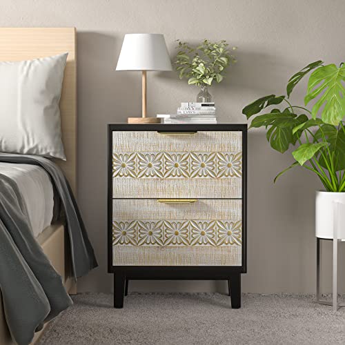 Aoikax Farmhouse 2-Drawer nightstand,Set of 2 French Countrynightstands, Fully Assemble, Hand-Carved Flower Pattern Front Accent nightstands for Bedroom/Living Room. Natural and Black.