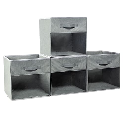 DOMEraax Cube Storage Bin 4 Pack with Clear Window Large Boxes Basket with Handles Fabric Closet Organizer 13" x 13" x 13" Gray