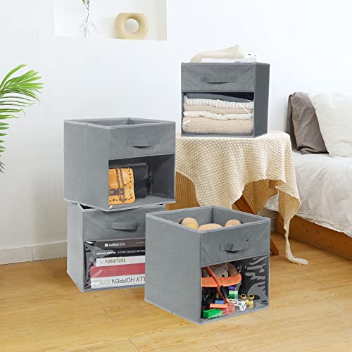 DOMEraax Cube Storage Bin 4 Pack with Clear Window Large Boxes Basket with Handles Fabric Closet Organizer 13" x 13" x 13" Gray