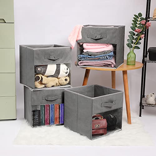 DOMEraax Cube Storage Bin 4 Pack with Clear Window Large Boxes Basket with Handles Fabric Closet Organizer 13" x 13" x 13" Gray