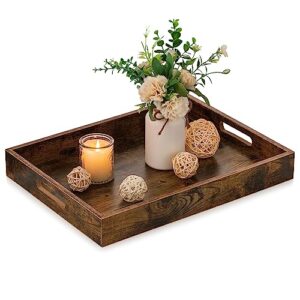 hanobe brown decorative serving trays: rustic brown rectangle tray decor with cutout handles for coffee table ottoman living room kitchen home decor, large