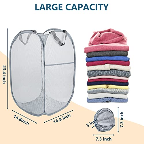 DEDU 3 Pack Pop-Up Laundry Hamper Large Foldable, Portable Mesh Laundry Basket with Handles and Side Pocket, Popup Laundry Bags Extra Large Heavy Duty for Travel and College Dorm (Black-White-Gray)