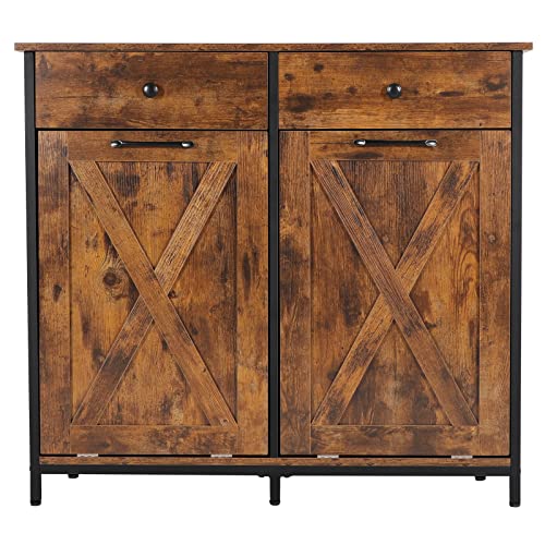 UEV Double Barn Door Style Trash Cabinet, Double Tilt Out Trash Cabinet with Solid Hideaway Drawer,Rustic Kitchen Trash Cabinet,Free Standing Wooden Kitchen Recycling Cabinet Trash Can Holder