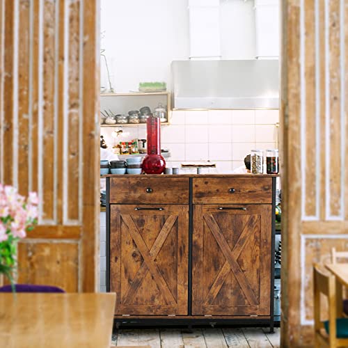 UEV Double Barn Door Style Trash Cabinet, Double Tilt Out Trash Cabinet with Solid Hideaway Drawer,Rustic Kitchen Trash Cabinet,Free Standing Wooden Kitchen Recycling Cabinet Trash Can Holder