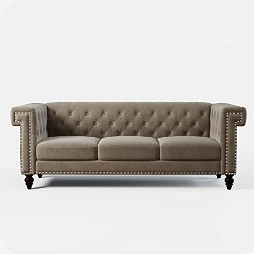 Merax 82.75" Traditional Chesterfield Couch Velvet Button Tufted 3-Seater Sofa with Key Arms,Nailhead for Living Room Bedroom Brown Love Seats